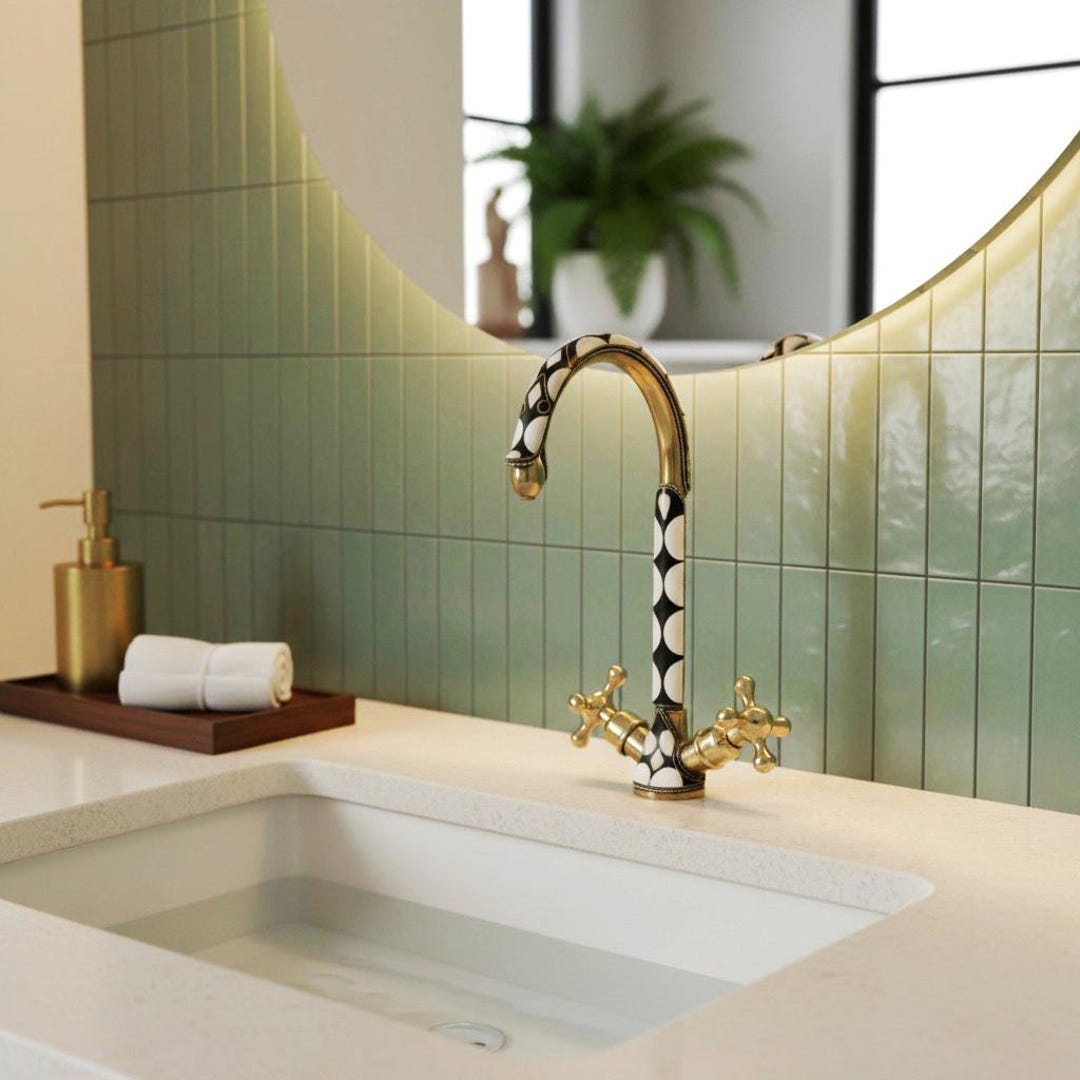 Handcrafted Brass & Resin Faucet: Geometric Inlay Gooseneck Design - Etsy