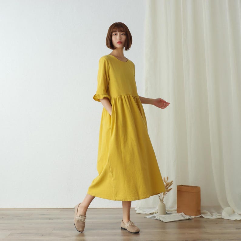 Summer Cotton Dress Soft Casual Loose Midi Dress Half Ruffle Sleeves ...