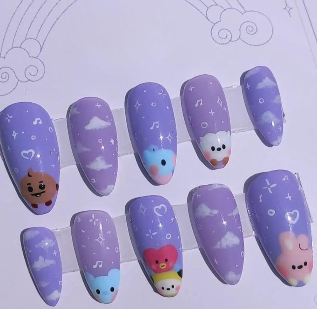BT21 Press on Nails | Kawaii Purple Nails | Handmade Reusable Nail Set ...