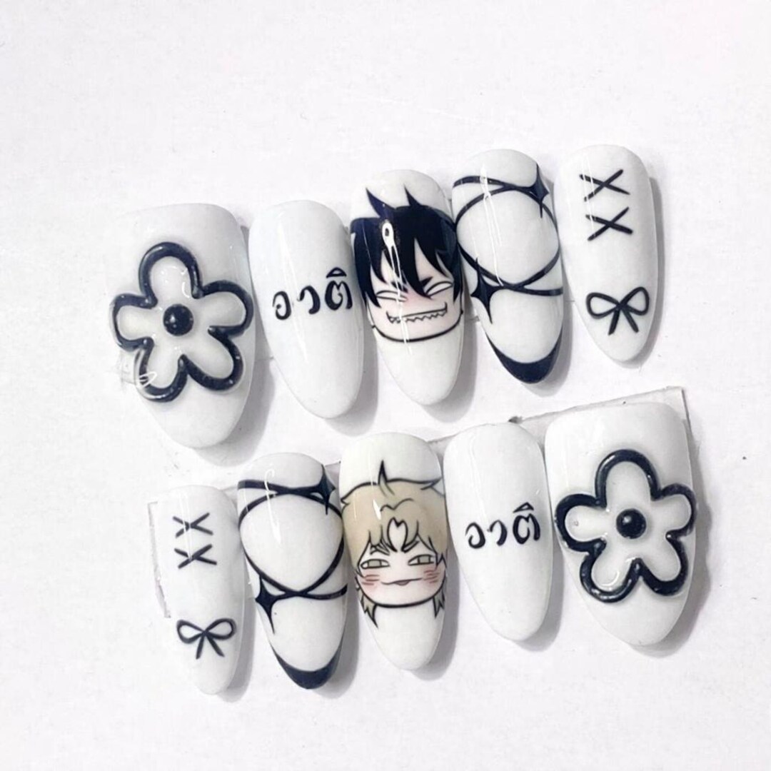Cute Anime Press on Nails | Kawaii Cartoon Character Nails | Black ...