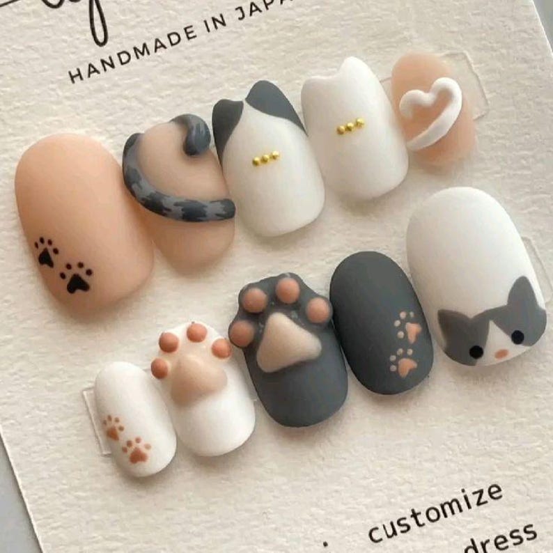 Kawaii Cat Press on Nails | Handmade 3D Paw Nail Art | Cute Animal ...