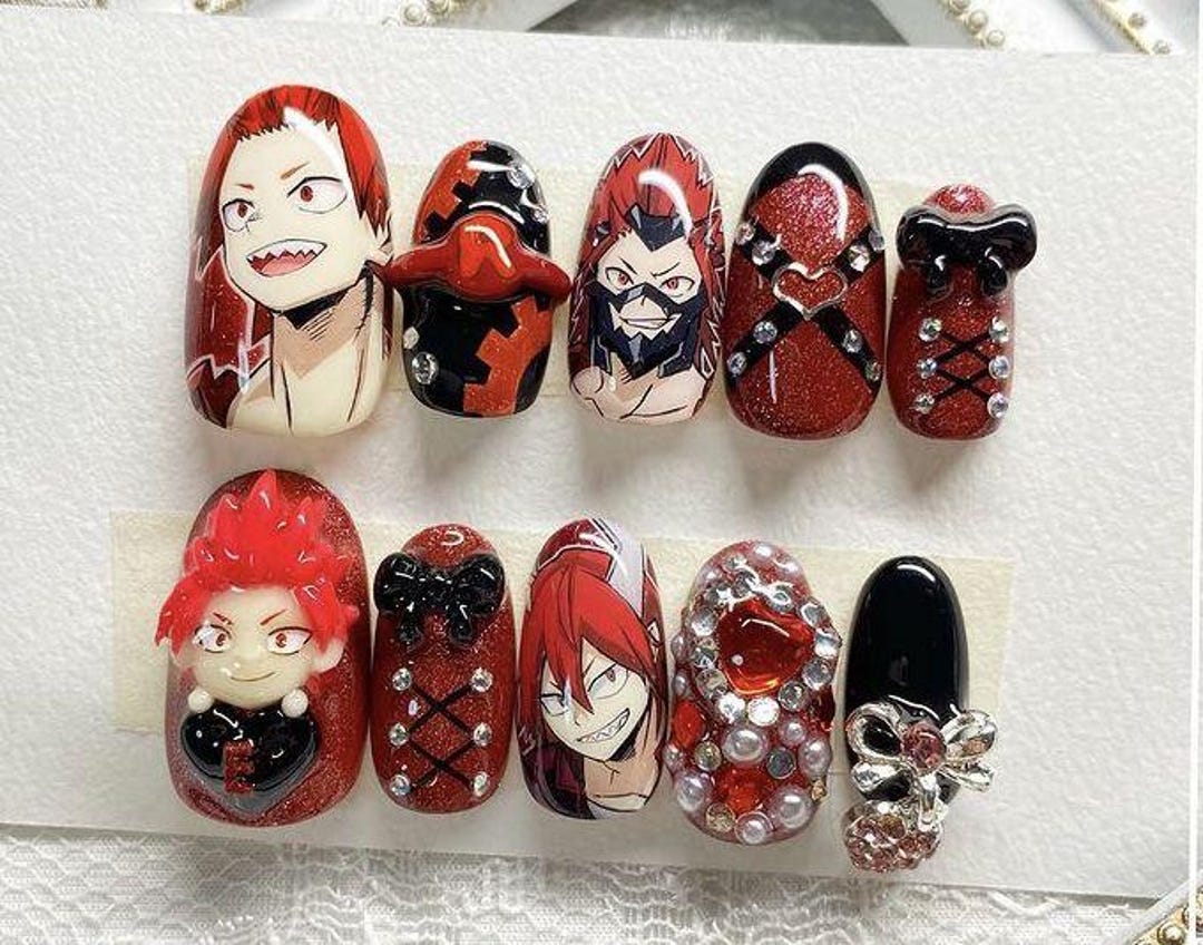 Kirishima Anime Press on Nails | MHA Red Riot Inspired | 3D Nail Art ...