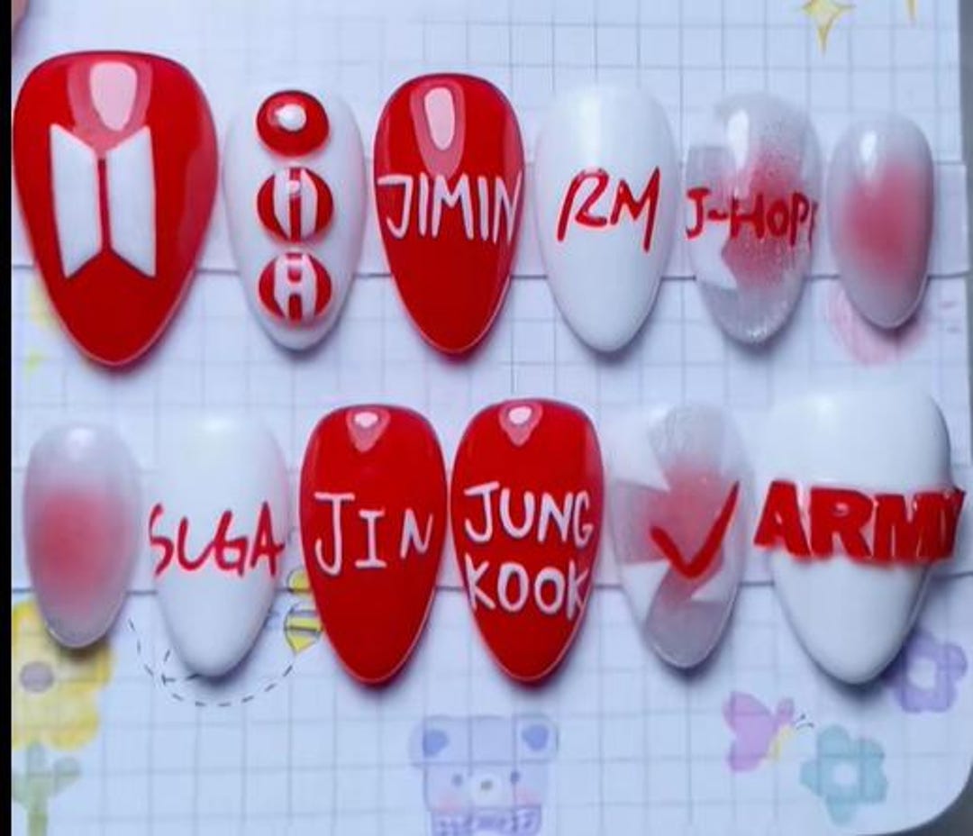 Kpop Inspired Press on Nails | Red White Nail Art With Names | Handmade ...