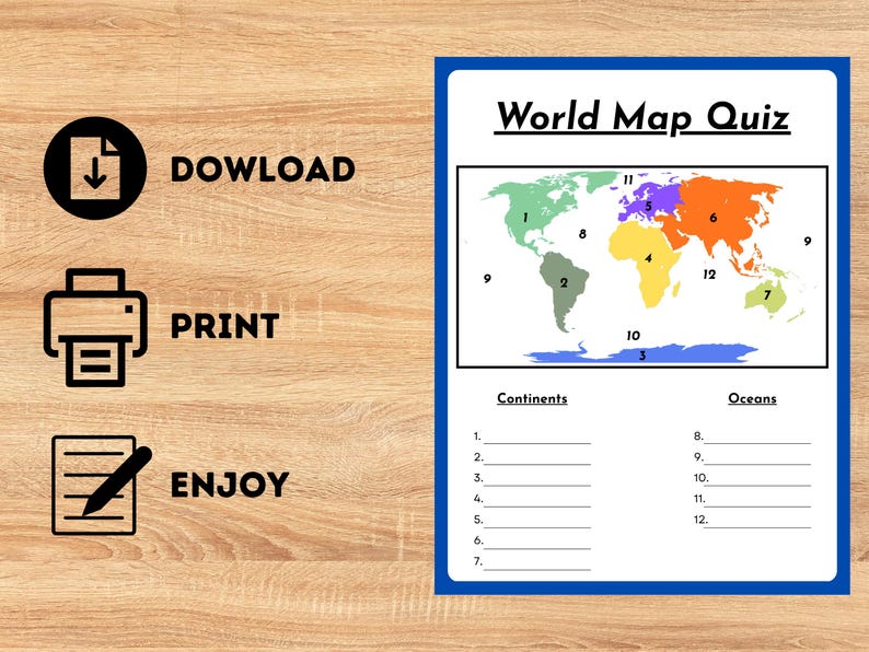 World Map Quiz Worksheet | Continents & Oceans Geography Activity ...