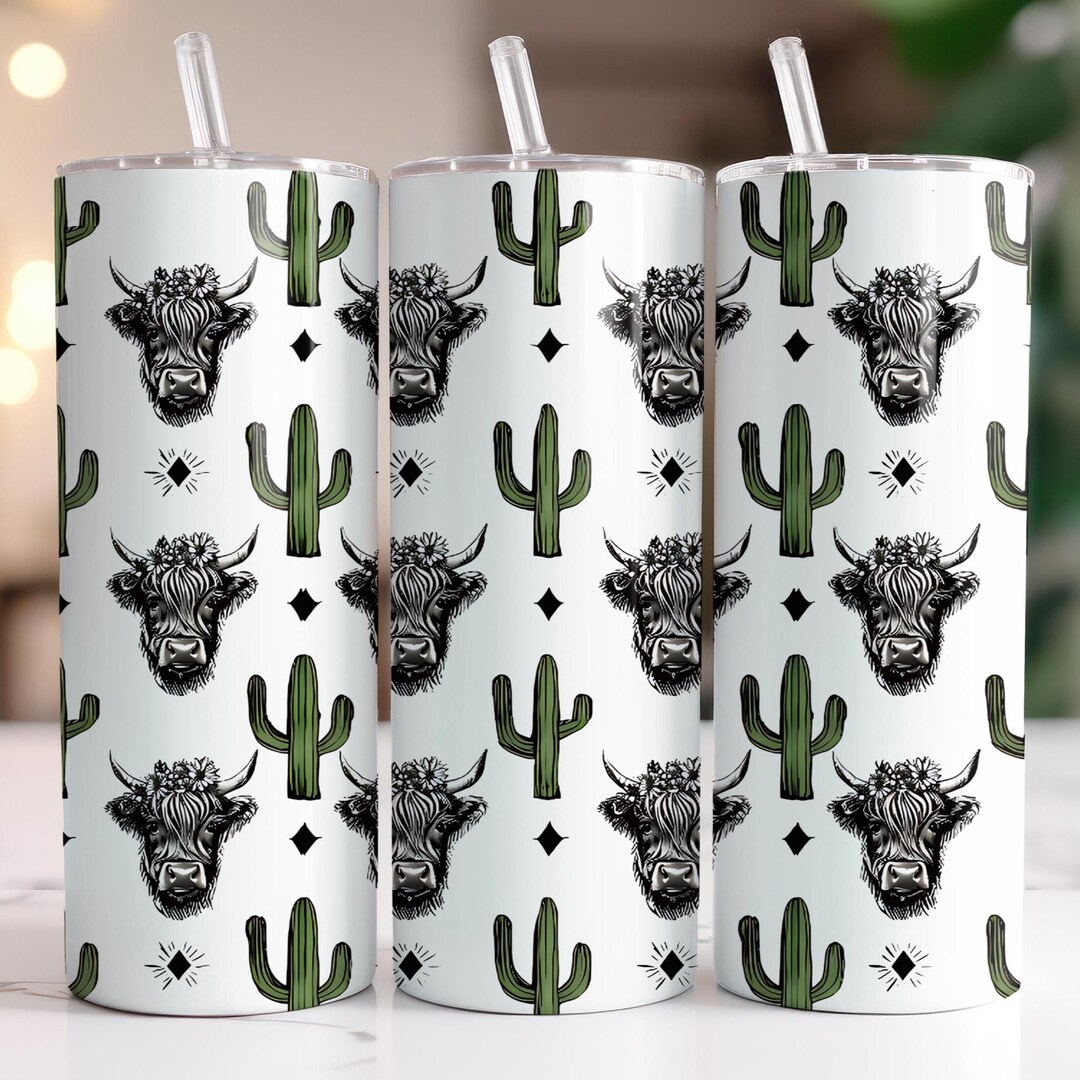 Boho Desert Highland Cow PNG 20 Oz Black & White Cow Skinny Tumbler ...