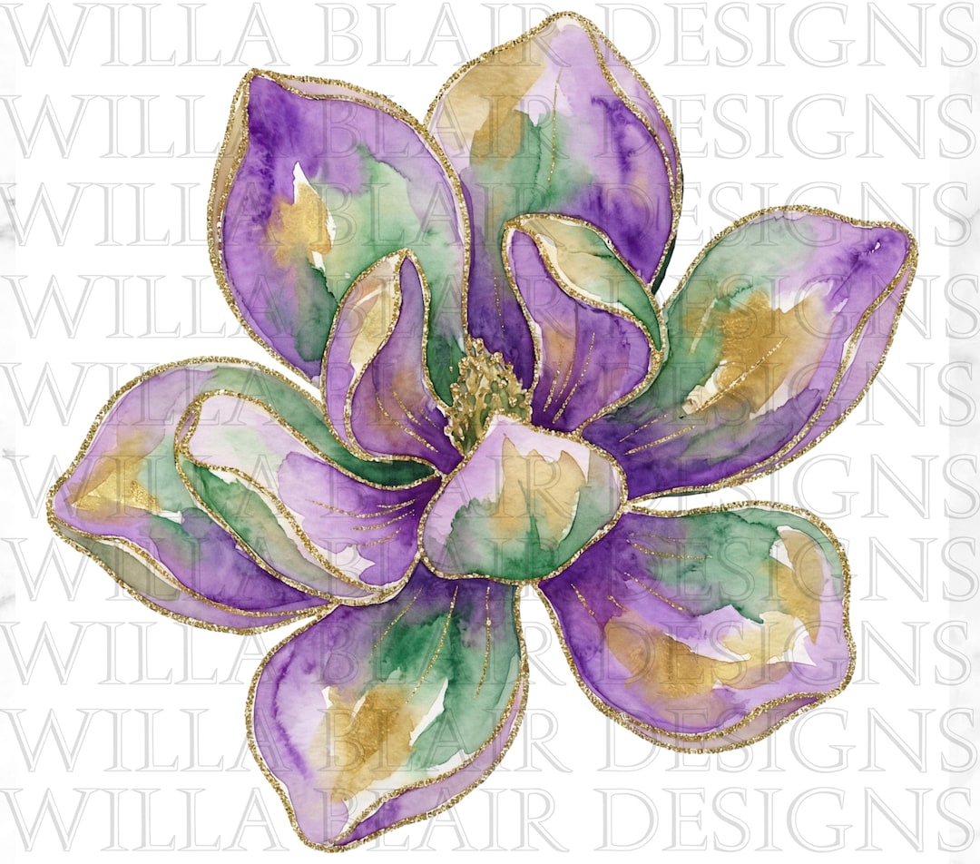 Mardi Gras Magnolia Flower Design PNG Purple Gold Watercolor on the ...