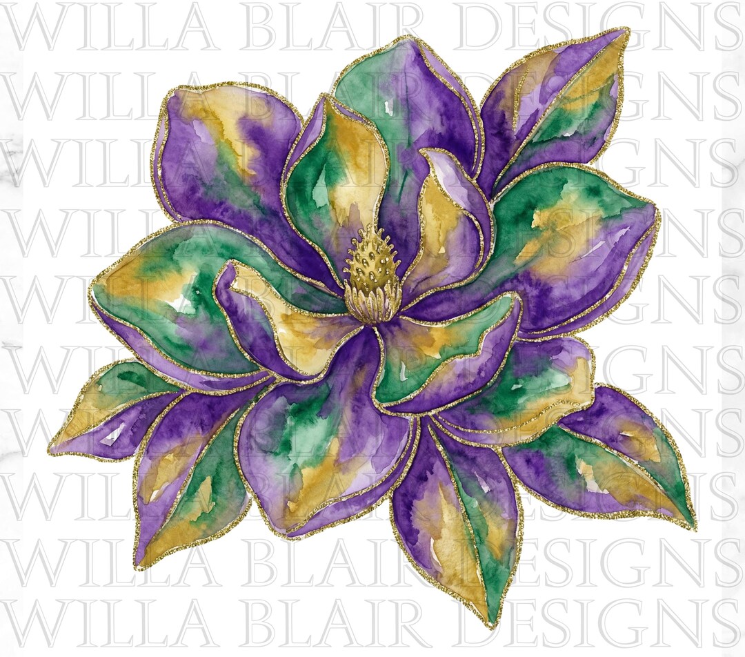 Mardi Gras Magnolia Flower Design PNG Purple Gold Watercolor on the ...