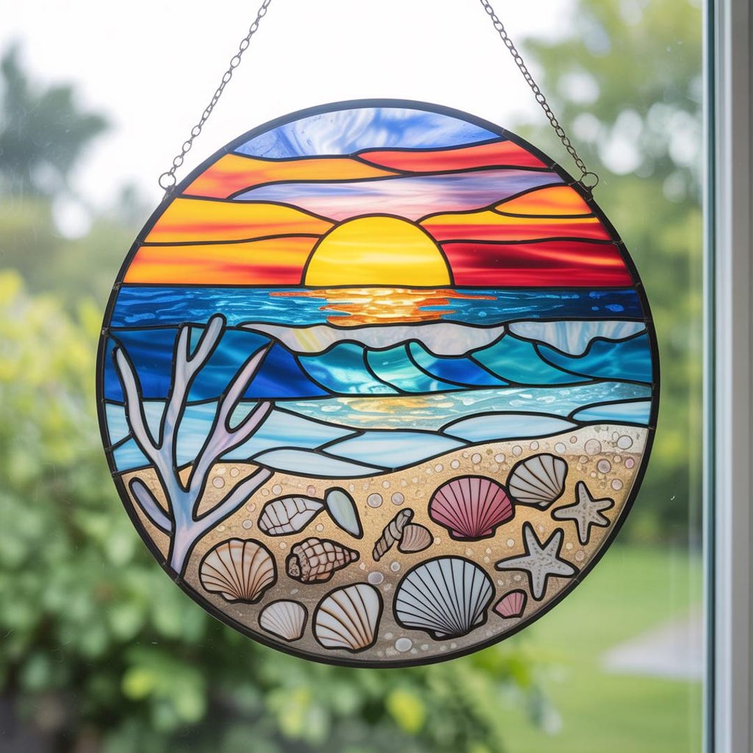 Seashell Stained Glass Window Panel – Coastal Beach Sunset Circular ...