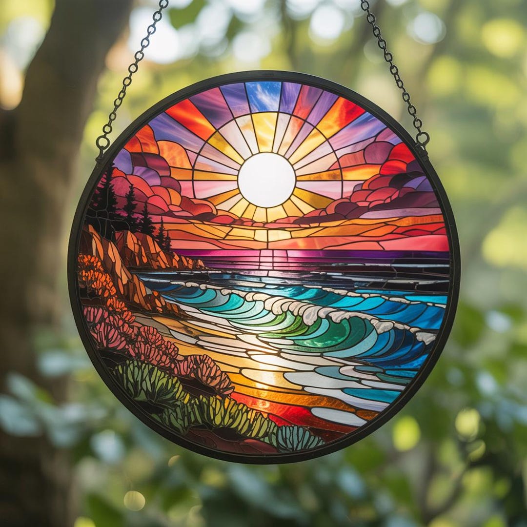Sunset Seascape Stained Glass Window Panel – Vibrant Ocean Waves & Sun ...