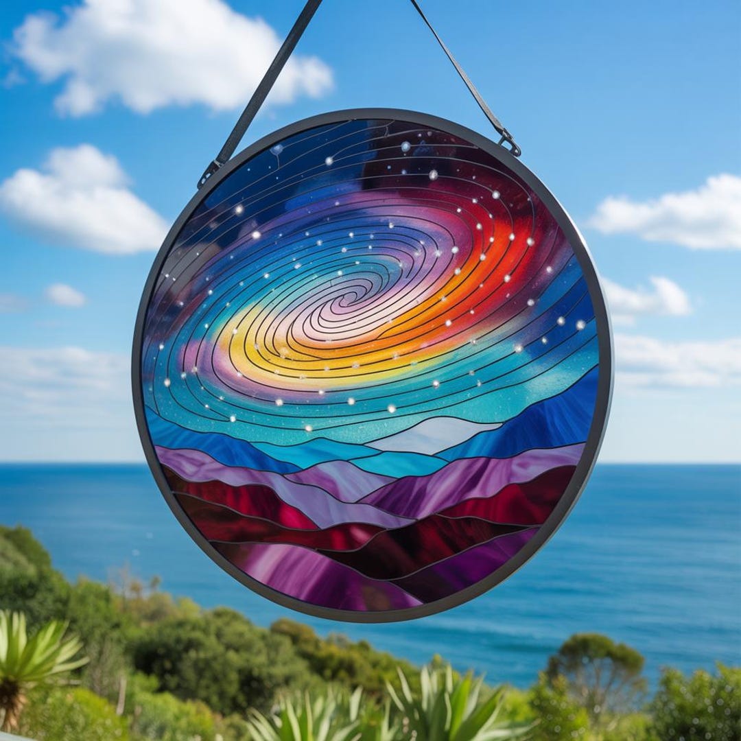 Handmade Stained Glass Spiral Galaxy Panel – Round Cosmic Window Art ...