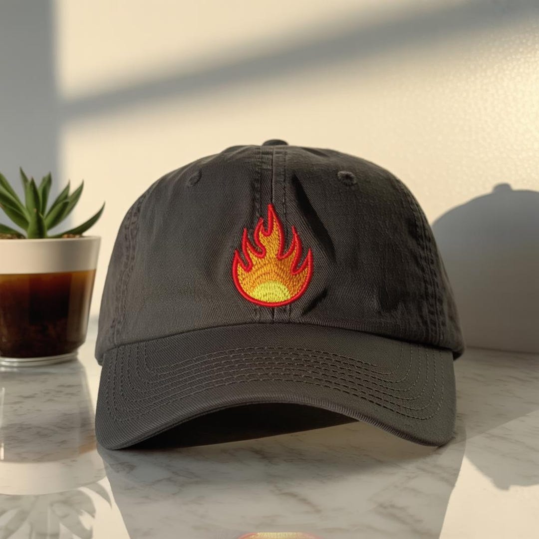 Embroidered Fire Hat – Vibrant Flame Patch With Gradient Stitch on Dark ...