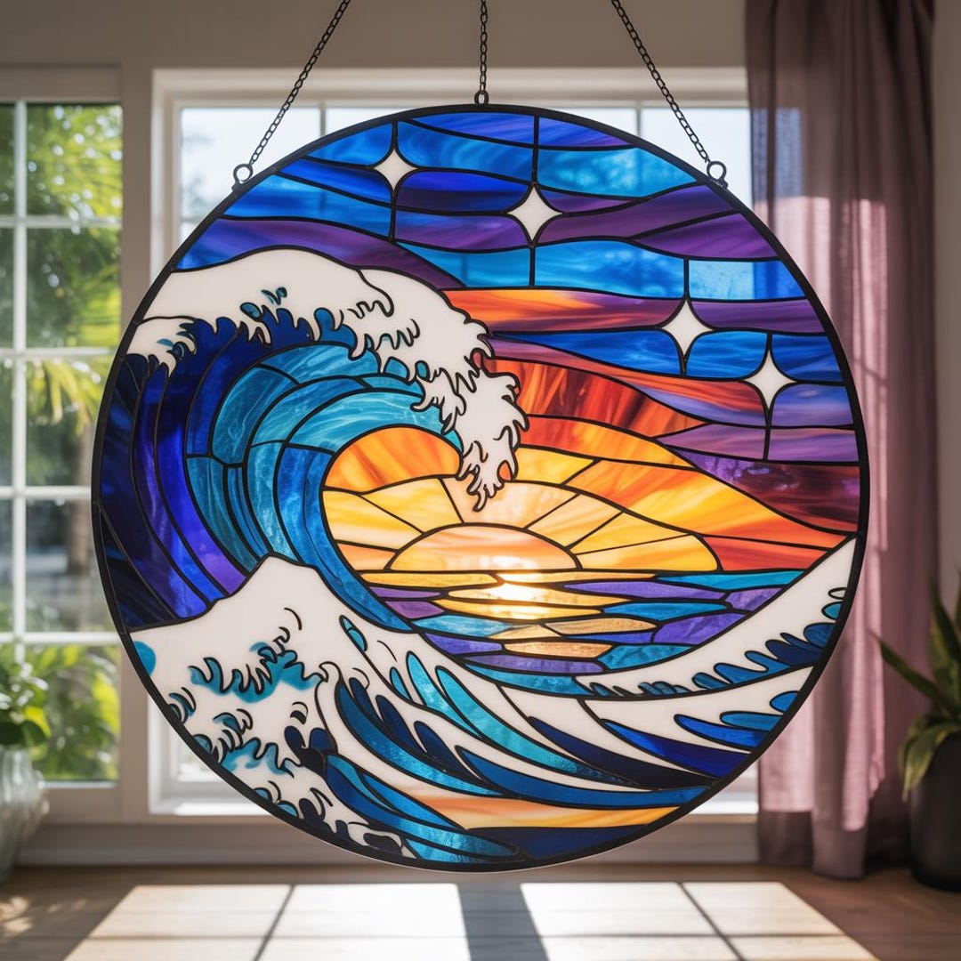 Large Ocean Wave Stained Glass Panel – Sunset Seascape Round Window ...