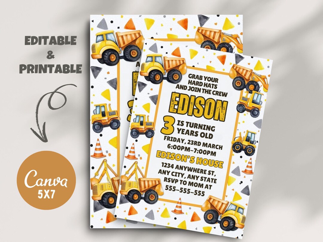 Construction Truck Birthday Invitation: Printable Party Invite (canva ...