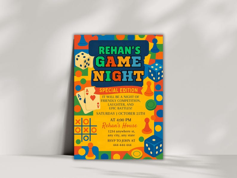 Editable Game Night Invitation, House Party Invite, Board Games, Family ...