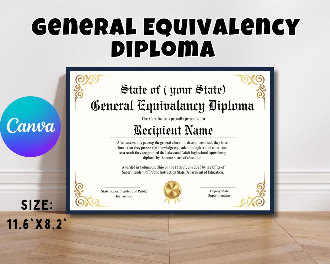 GED Diploma Certificate With Seal, Canva Template, Certificate ...
