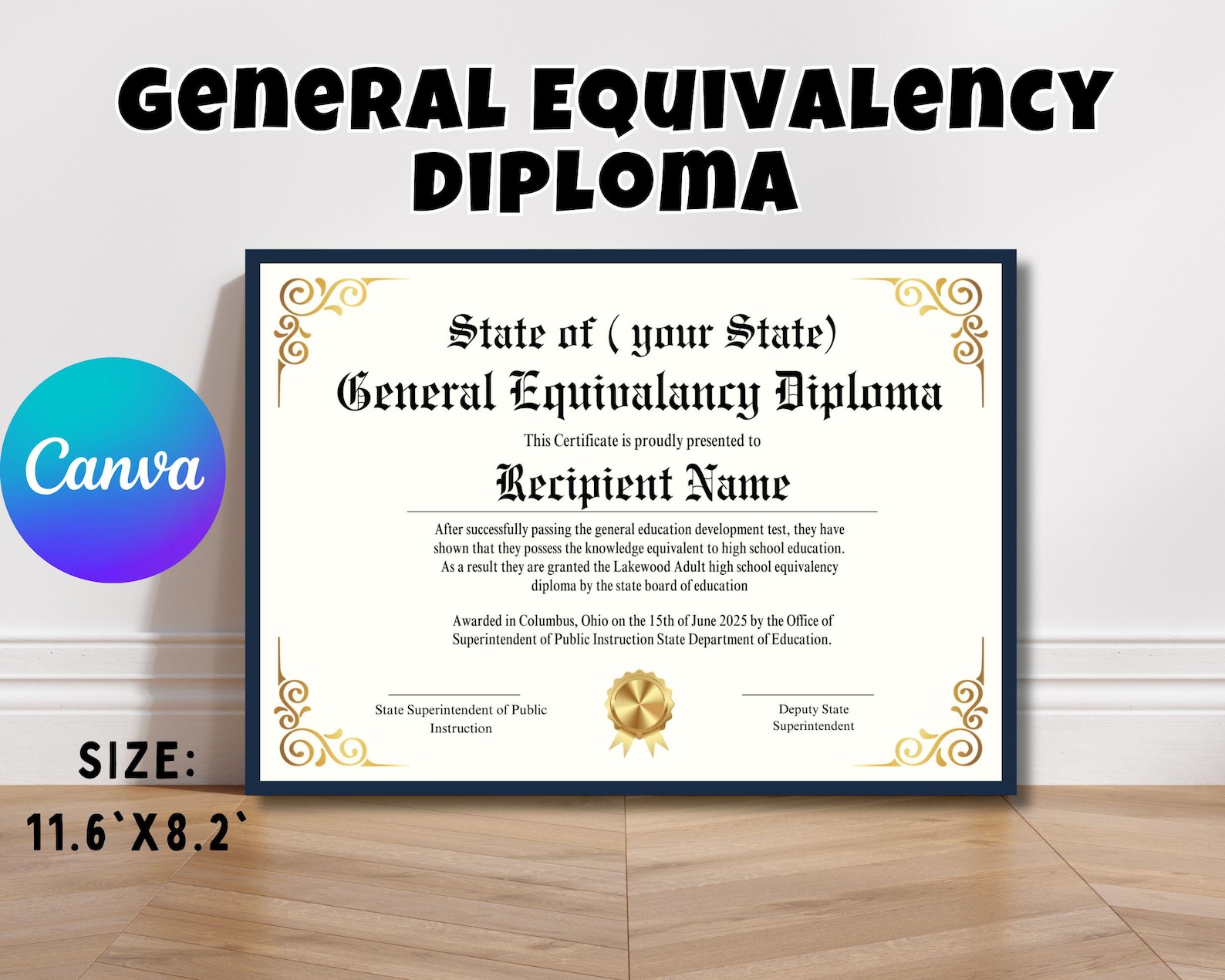 GED Diploma Certificate Template With Seal (canva) - Etsy
