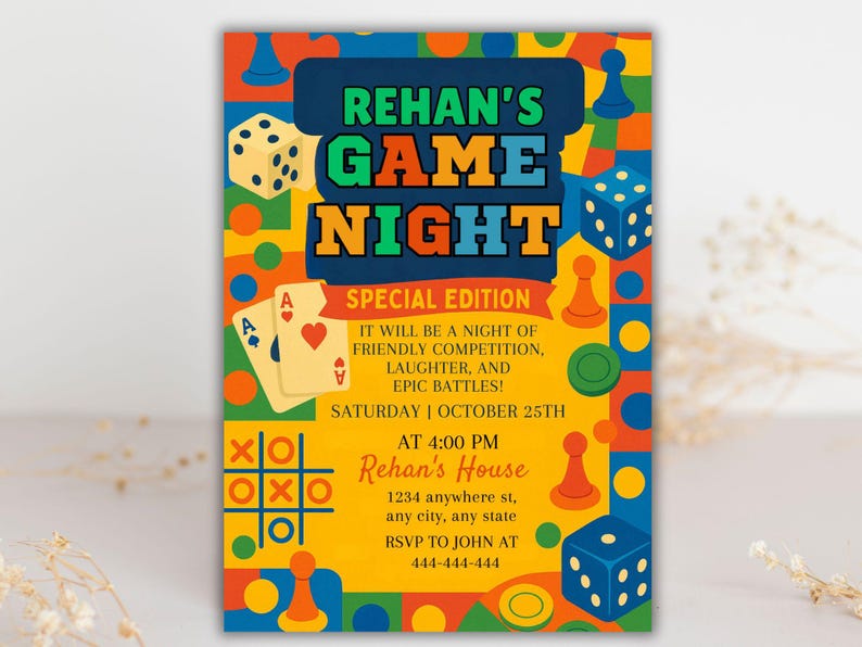 Editable Game Night Invitation, House Party Invite, Board Games, Family ...