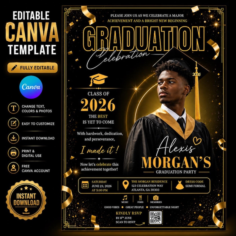 Class of 2026 Gold Graduation Invitation, Editable Magazine Style Black ...
