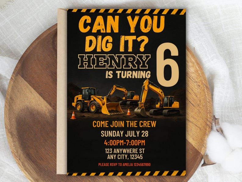 Construction Truck Birthday Invitation: Editable Canva Template (5x7 ...