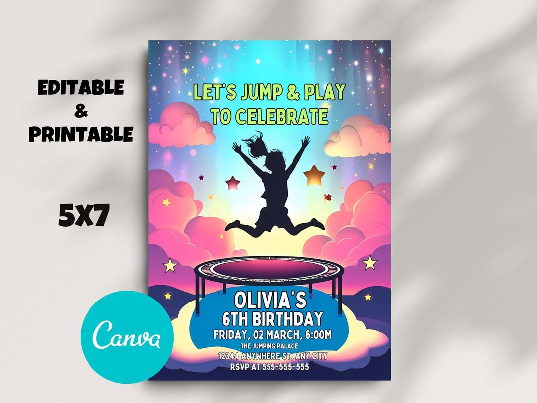 Trampoline Park Birthday Invitation: Jump Party Theme (editable 5x7 ...