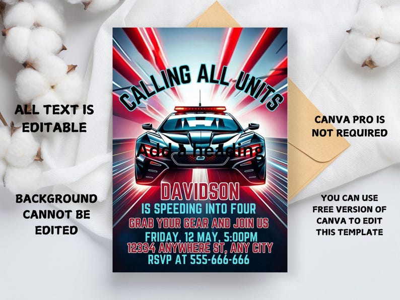 Editable Police Birthday Invitation, Cop Car Party Invite Template ...