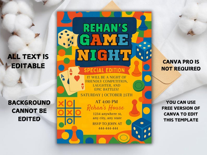 Editable Game Night Invitation: Colorful Board Games (instant Download ...