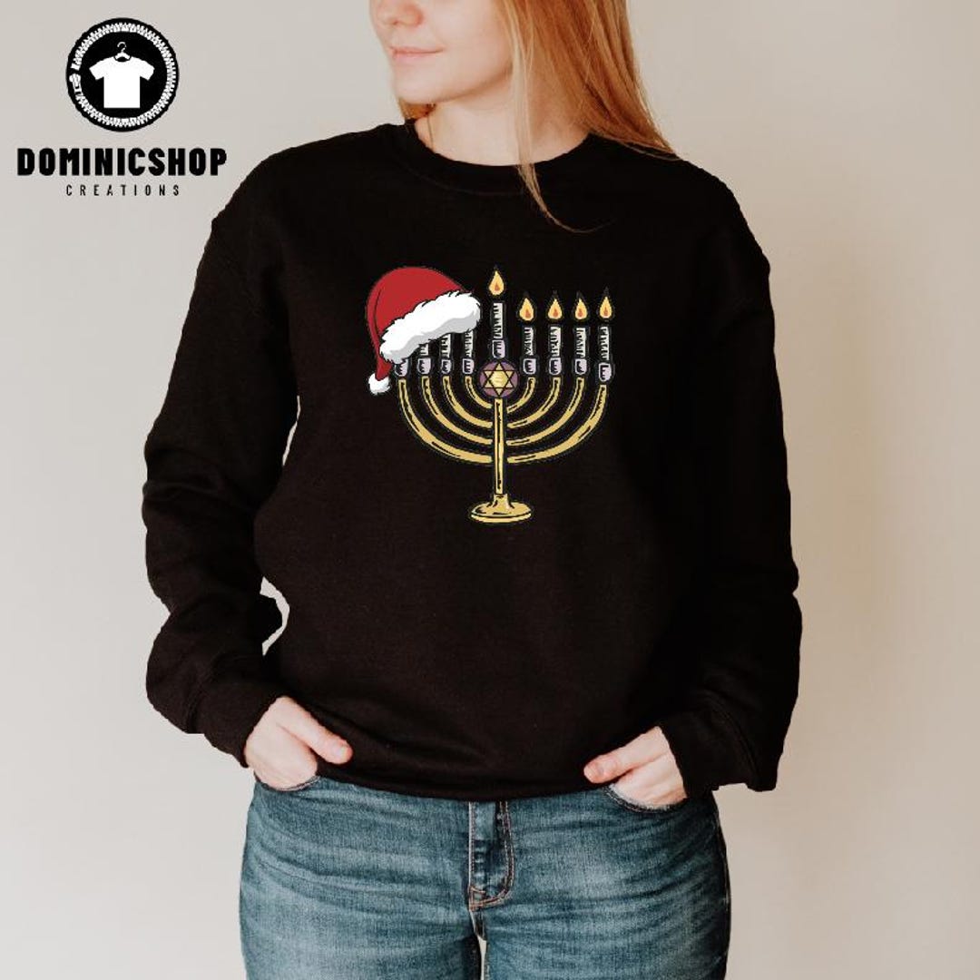 Menorah Santa Hat Sweatshirt, Chrismukkah Holiday Sweater, Funny Jewish ...