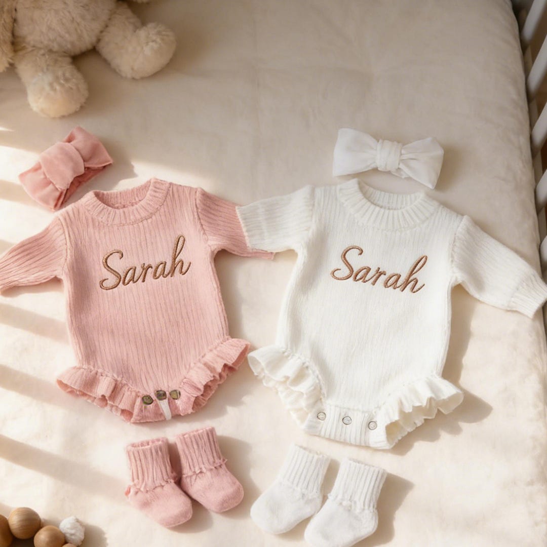 Personalized Embroidered Baby Romper, Ruffle Knit Bodysuit - Etsy