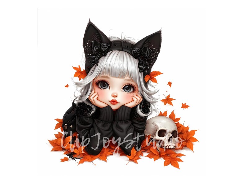 Chibi Gothic Halloween Cat Girl Clipart: Junk Journal Art (JPG Digital ...