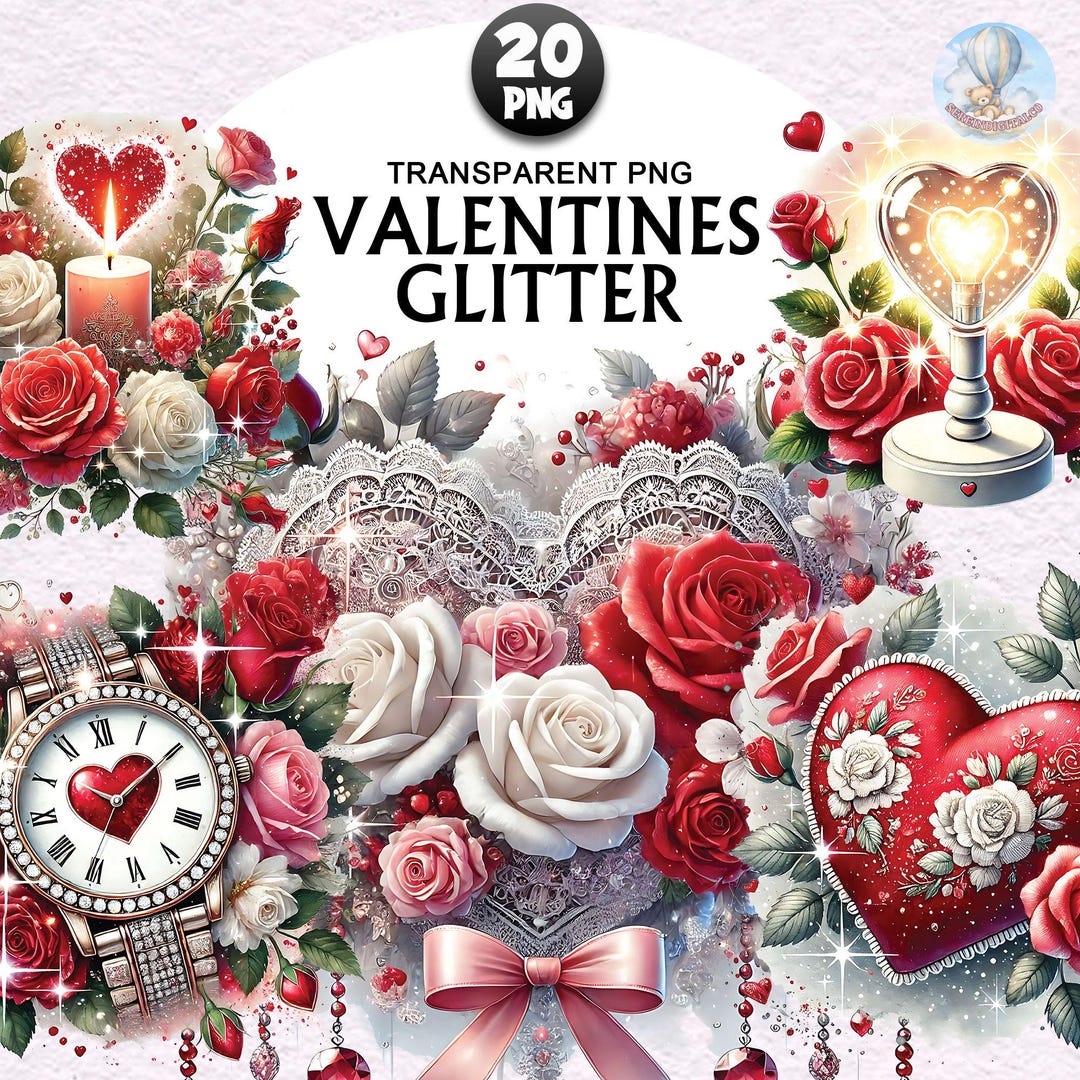 20+ Red Roses Clipart Bundle, Watercolor Valentines Glitter Png, Heart ...