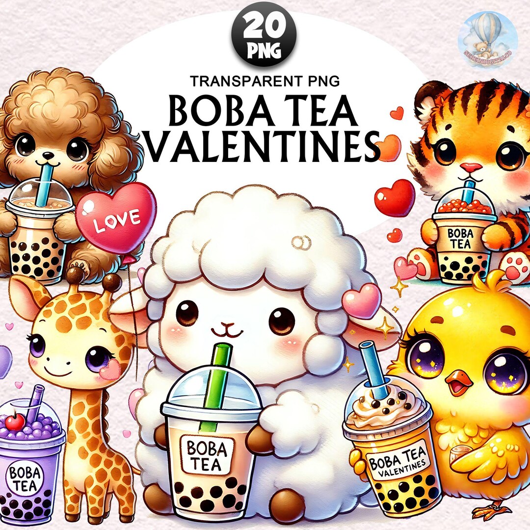 20+ Cute Animal Clipart Bundle, Watercolor Boba Tea Png, Valentine ...