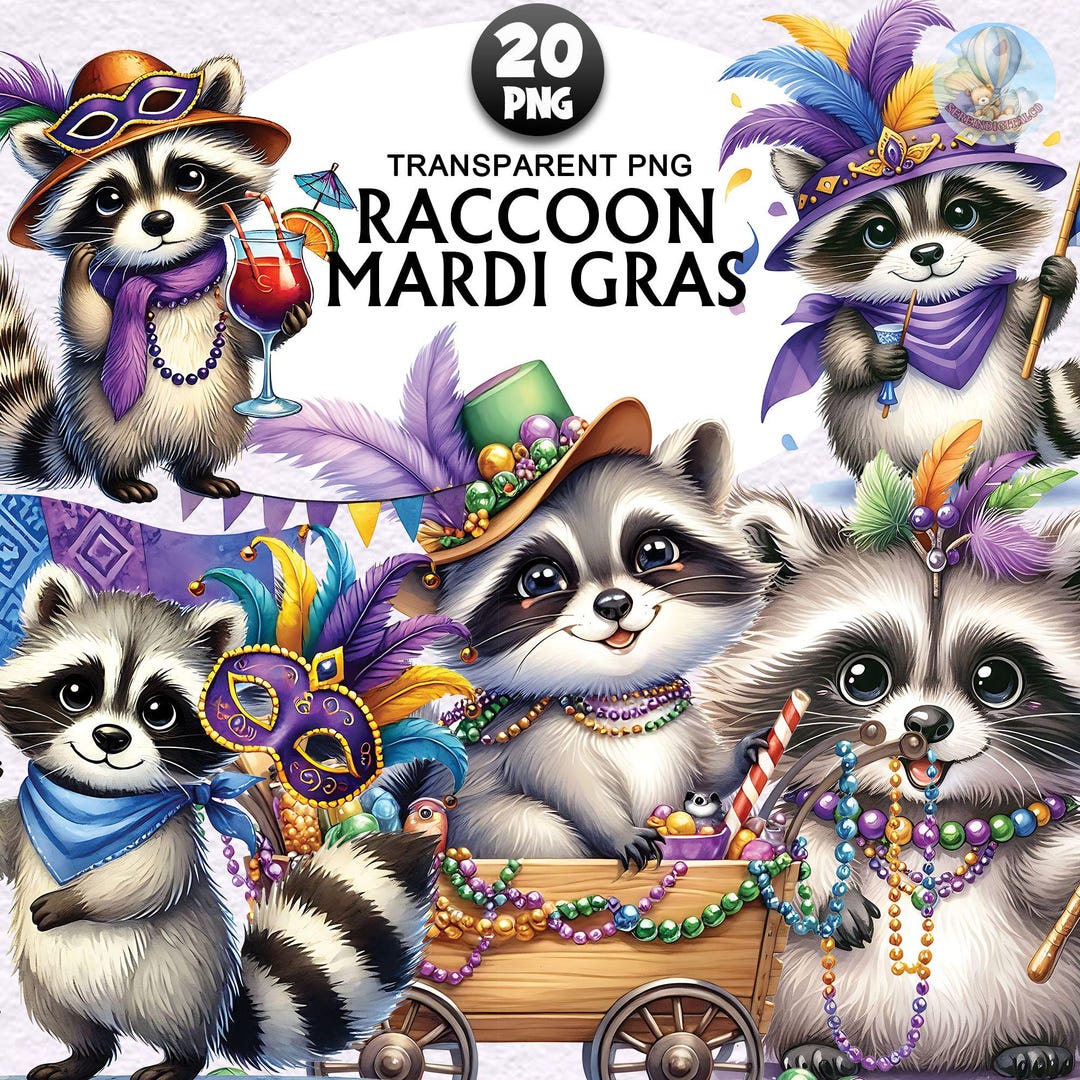 20+ Carnival Animal Clipart Bundle, Raccoon Mardi Gras Png, Masquerade ...