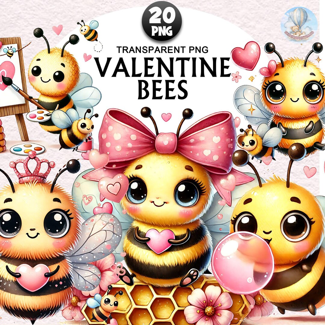 20+ Valentine Bee Clipart Bundle, Watercolor Bee Png, Cute Bee Clipart ...