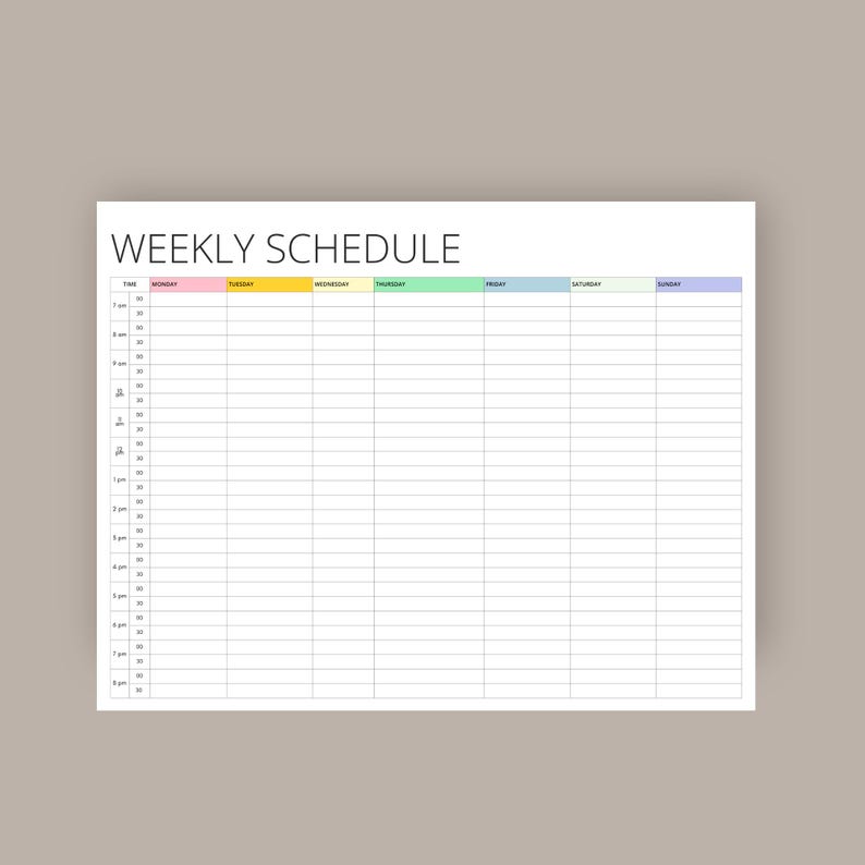 Colorful Hourly Weekly Schedule, Printable Time Blocking Planner ...