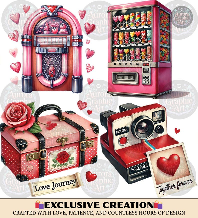 Sweet Heart Clipart Bundle, 20 PNG Watercolor Retro Valentines, Love ...