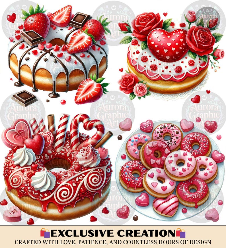 Chocolate Donut Clipart Bundle, 20 PNG Watercolor Valentine Doughnut ...