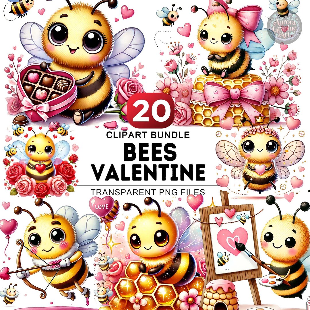 Cute Bee Clipart Bundle, 20 PNG Watercolor Bee, Valentine Bee Clipart ...