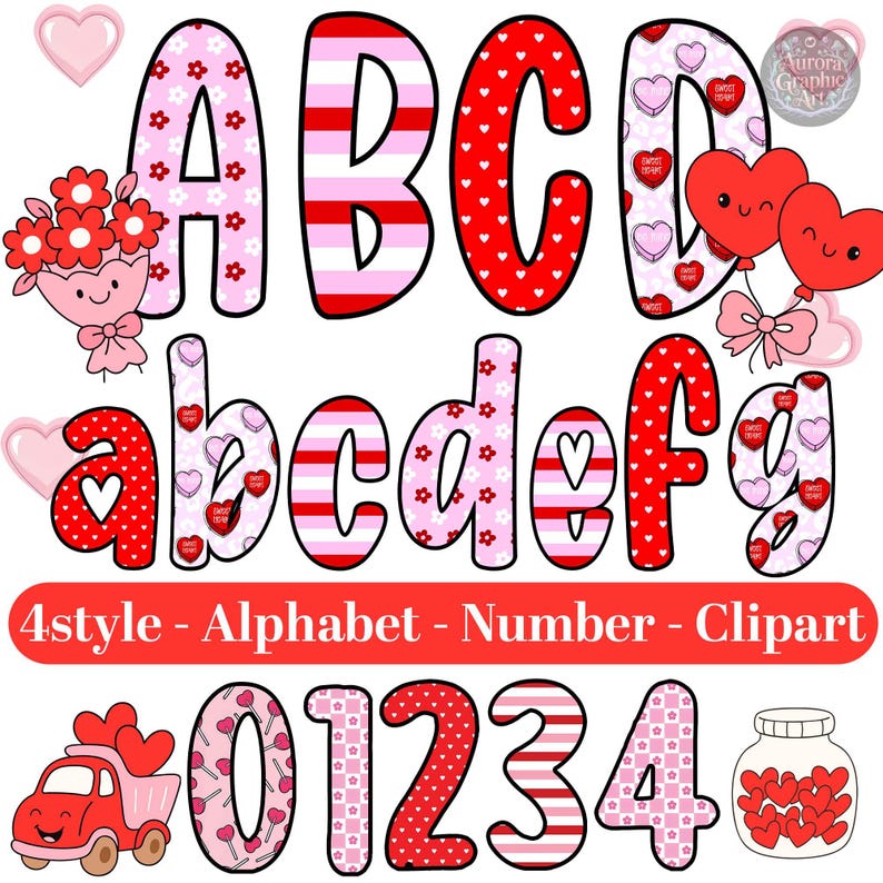 Valentines Fonts Png Bundle, 4 PNG Valentine Alphabet, Valentine Doodle ...