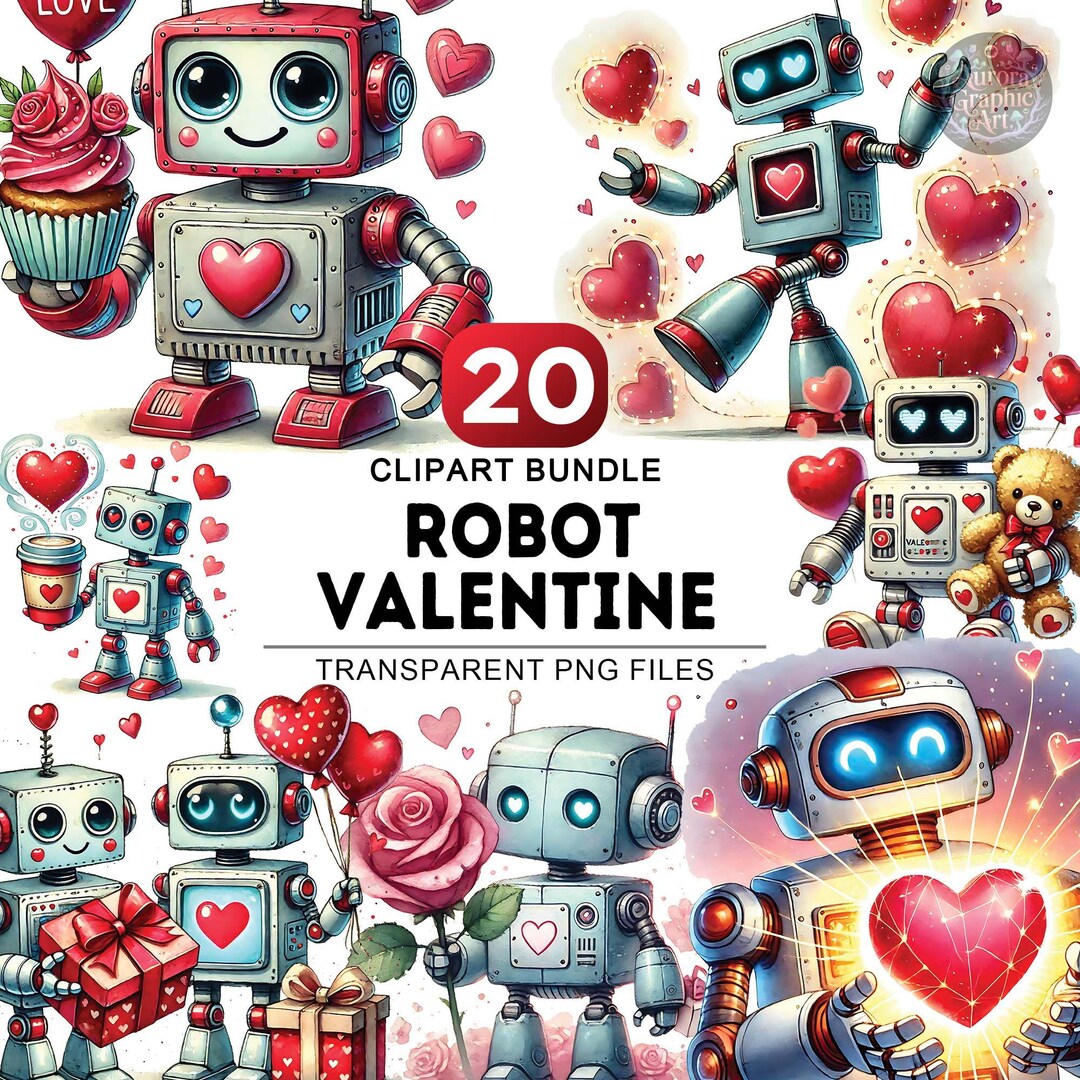 Cute Robot Clipart Bundle, 20 PNG Watercolor Valentines Robot, Sweet ...