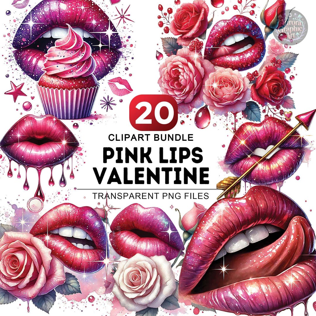 Romantic Lips Clipart Bundle, 20 PNG Watercolor Pink Lips, Lips Glitter ...