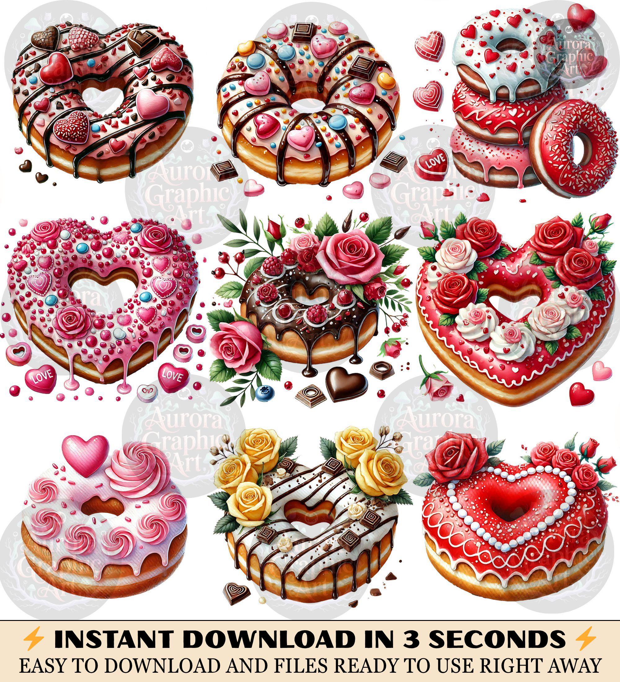 Chocolate Donut Clipart Bundle, 20 PNG Watercolor Valentine Doughnut ...