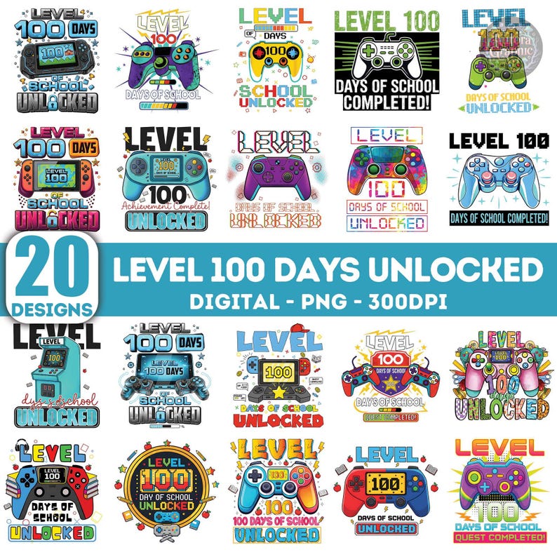 Video Game Png Bundle, 20 PNG Level 100 Days Unlocked, Happy 100 Days ...