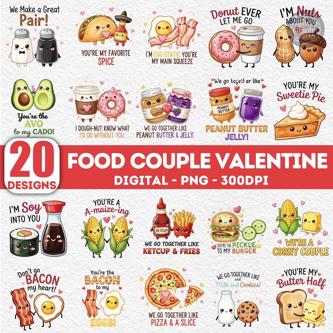 Corny Couple Png Bundle, 20 PNG Food Pun Valentine, Valentines Day Png ...
