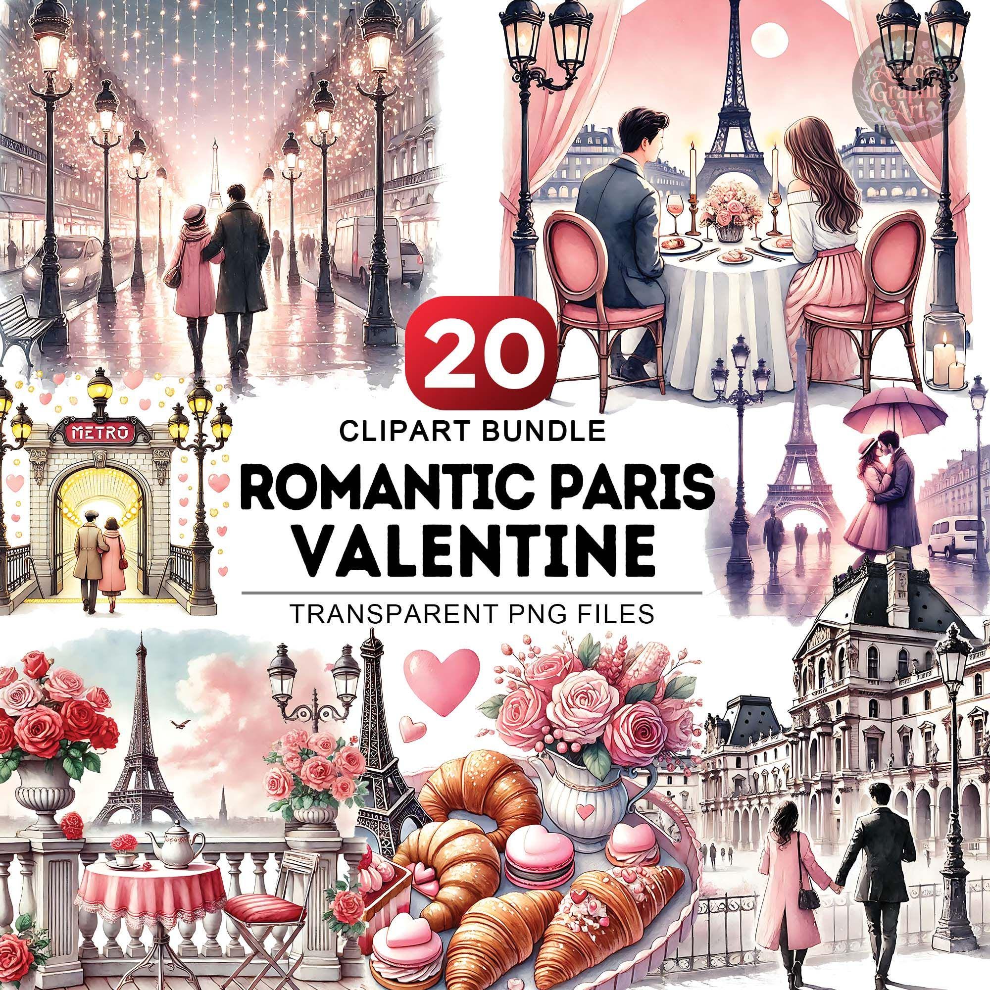 Valentines in Paris Clipart Bundle, 20 PNG Watercolor Romantic Paris ...
