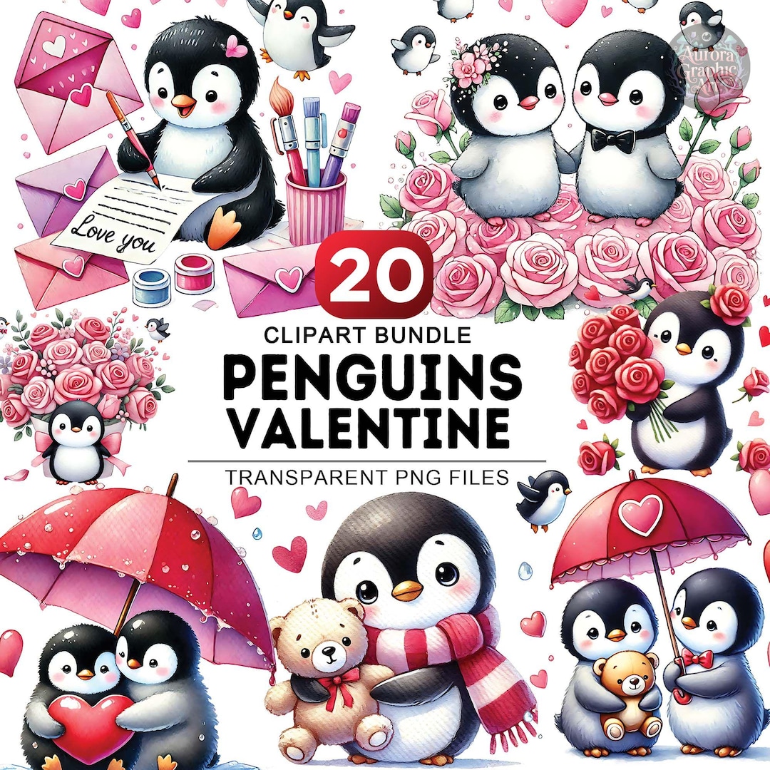 Cute Penguins Clipart Bundle, 20 PNG Watercolor Penguins, Lovely ...