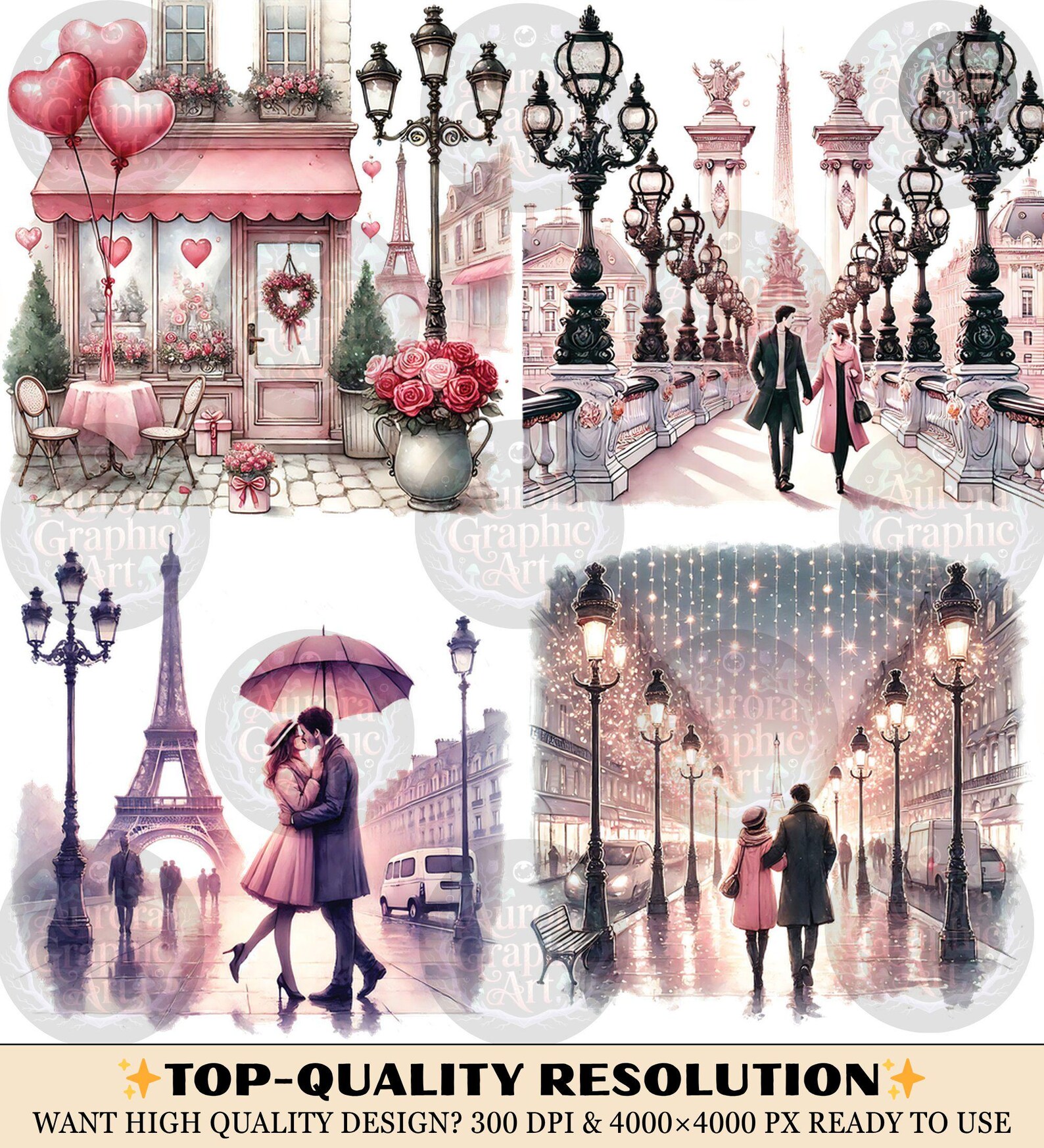 Valentines in Paris Clipart Bundle, 20 PNG Watercolor Romantic Paris ...