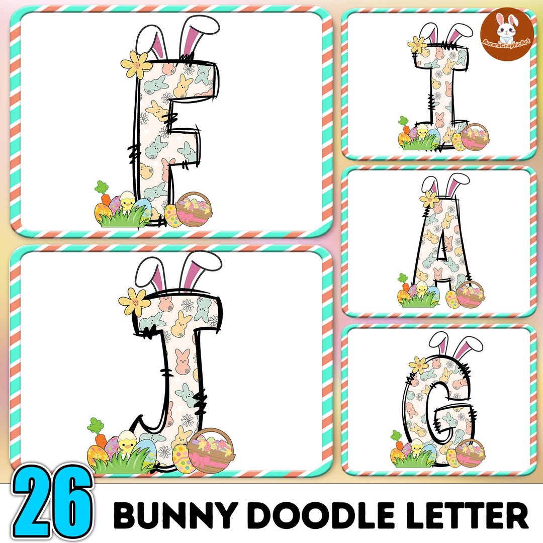 10+ Easter Bunny Doodle Letter PNG Bundle, Personalized Custom Name Png ...