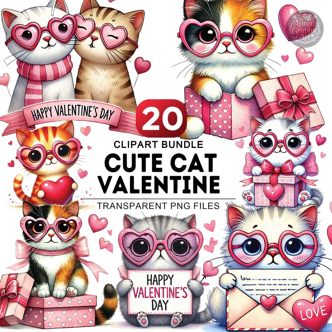 Valentine Cat Clipart Bundle, 20 PNG Watercolor Cat, Cute Cat Clipart ...