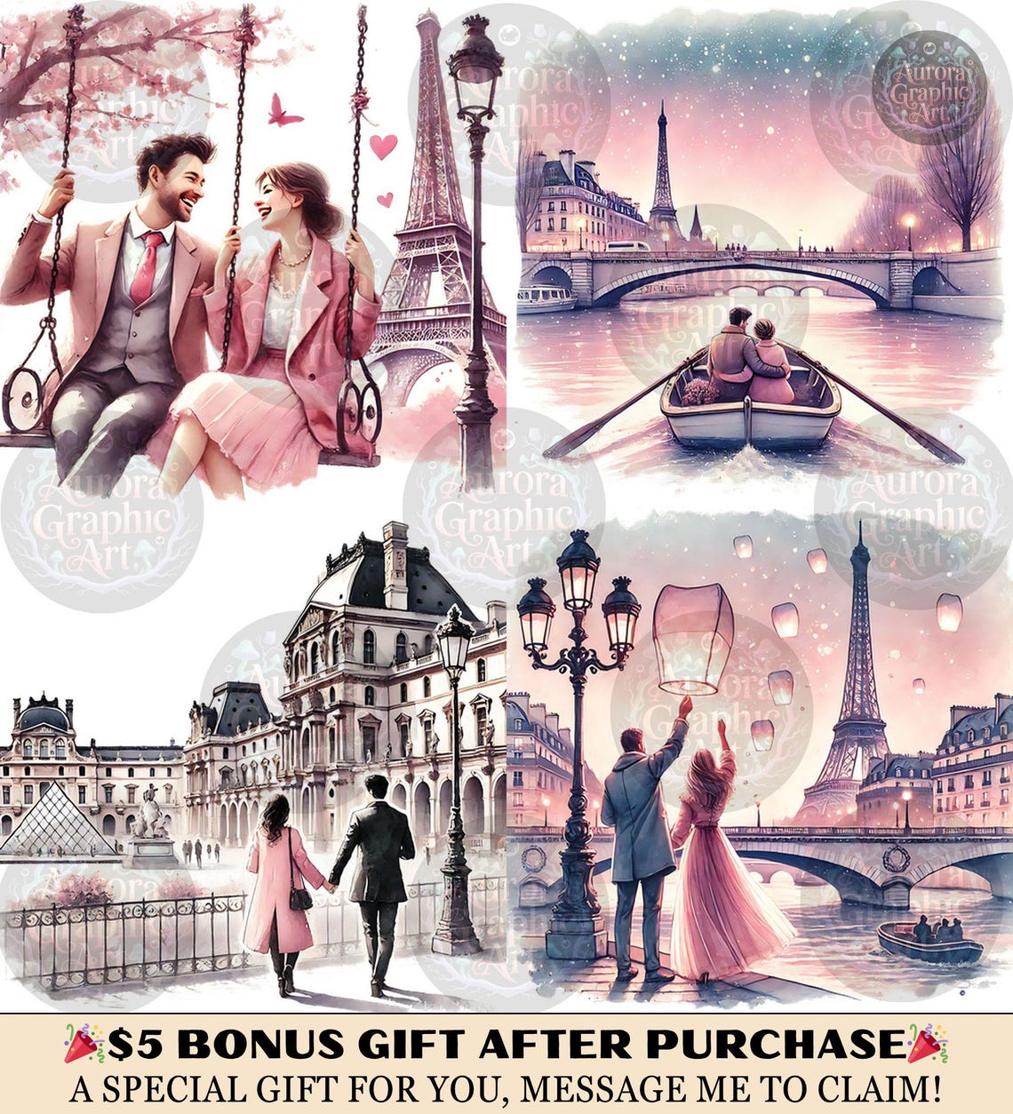 Valentines in Paris Clipart Bundle, 20 PNG Watercolor Romantic Paris ...