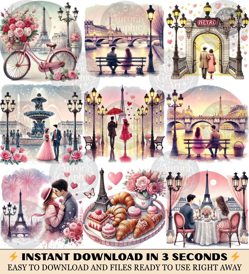 Valentines in Paris Clipart Bundle, 20 PNG Watercolor Romantic Paris ...